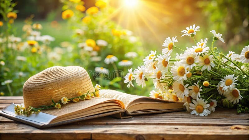 Summer Idyll a Straw Hat, Open Book, and Daisies in Sunny Meadow ...