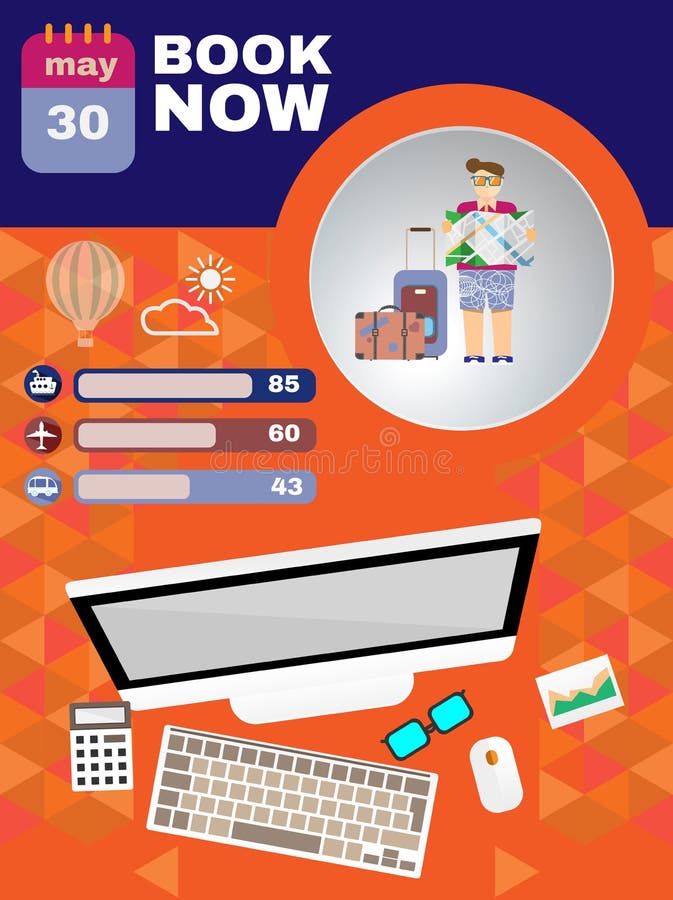 Summer Infographic, with Book Now Text, Computer and Travel Accessories ...