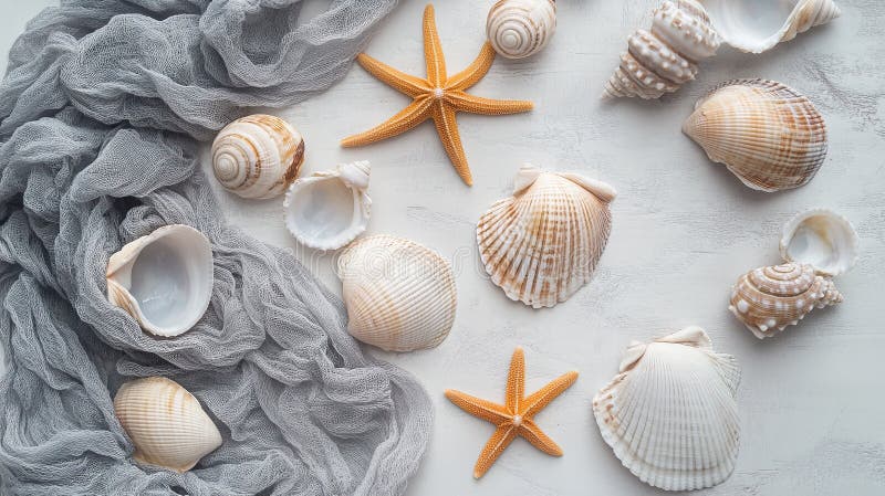 A Summer-inspired Flat Lay with Seashells, Starfish, and a Light Gray ...