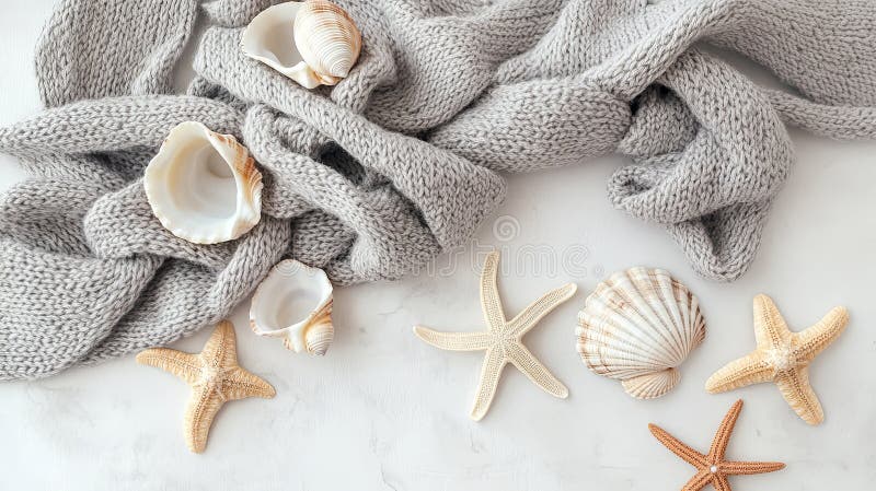 A Summer-inspired Flat Lay with Seashells, Starfish, and a Light Gray ...