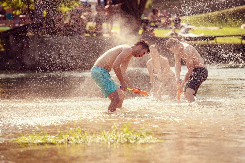 Summer Joy Friends Having Fun on River Stock Image - Image of river ...