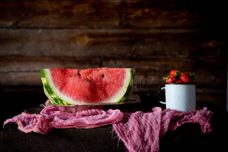Summer Juicy Red Watermelon on a Wooden Table Stock Image - Image of ...