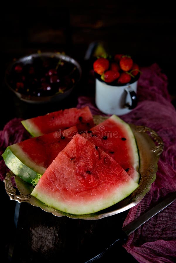 Summer Juicy Red Watermelon on a Wooden Table Stock Photo - Image of ...