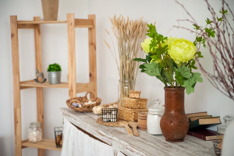Summer Kitchen Interior in Rustic Style. Bright Kitchen with a Wooden ...