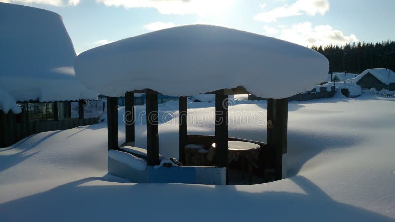 Summer Kitchen Under Snowdrift Stock Photo - Image of wooden, arbor ...