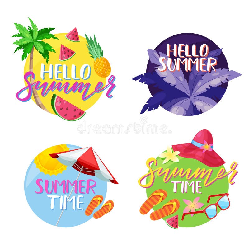 Summer Labels, Stickers or Tags. Hello Summer Vector Circle Emblem Set ...