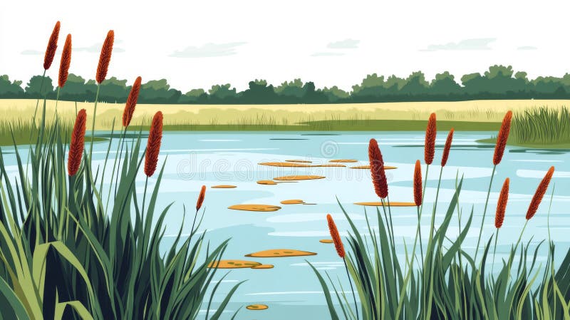 Summer Lake Landscape with Reeds and Calm Water Stock Illustration ...