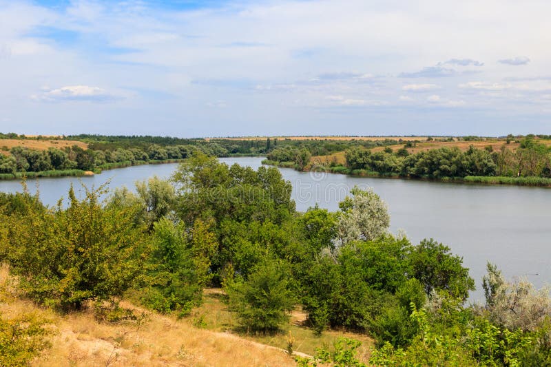 Summer Landscape with Beautiful River, Green Trees and Blue Sky Stock ...