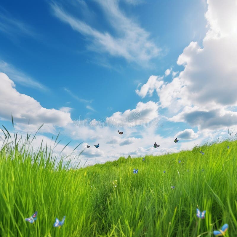 Summer Landscape with Blue Sky and Green Grass Stock Illustration ...