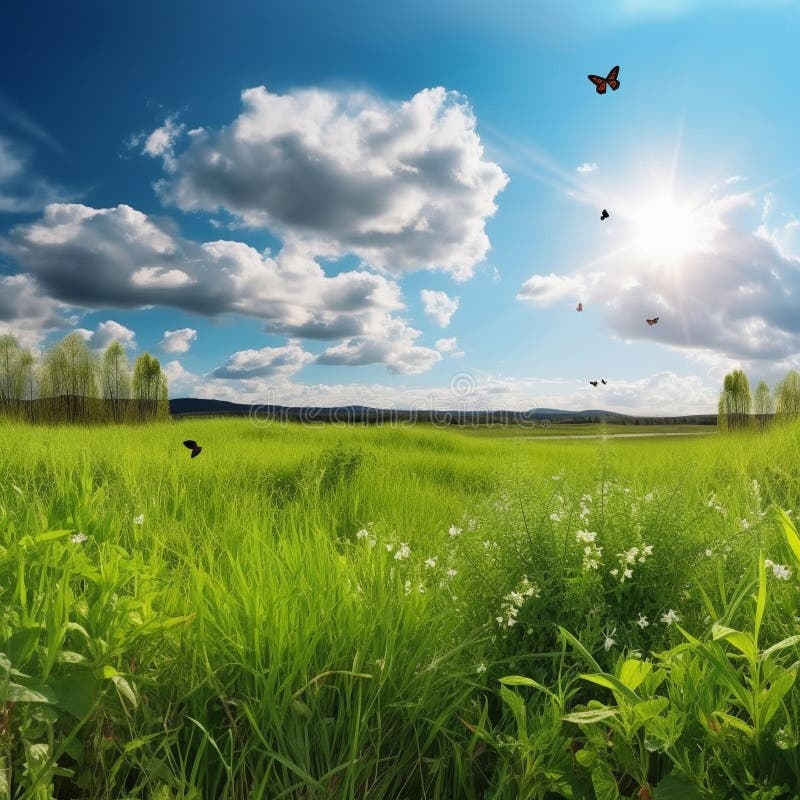 Summer Landscape with Blue Sky and Green Grass Stock Illustration ...