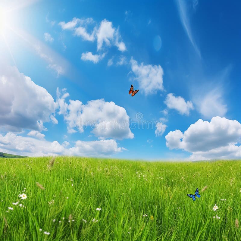 Summer Landscape with Blue Sky and Green Grass Stock Illustration ...