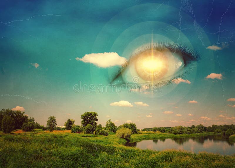 Summer Landscape with Eye in Sky Stock Illustration - Illustration of ...