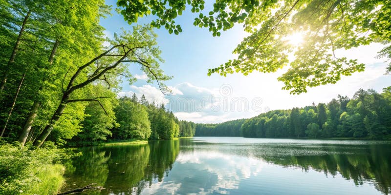 Summer Landscape with Forest Lake and Sunlight Stock Illustration ...