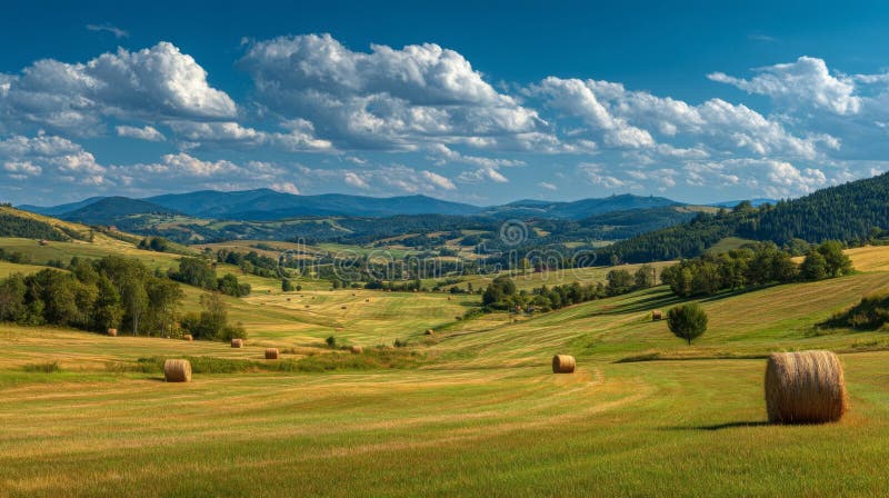 Summer Landscape with Hay Bales in Rolling Hills Stock Illustration ...