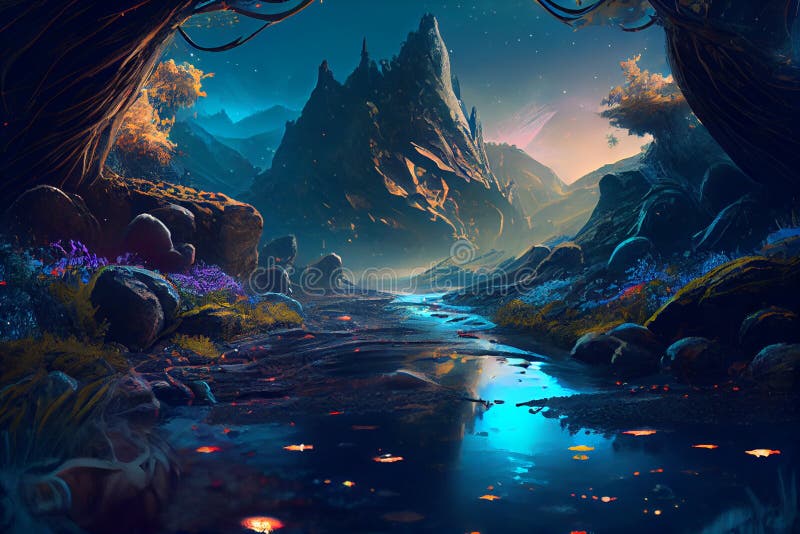 Summer Landscape of Magical World with Mountains and a River AI ...
