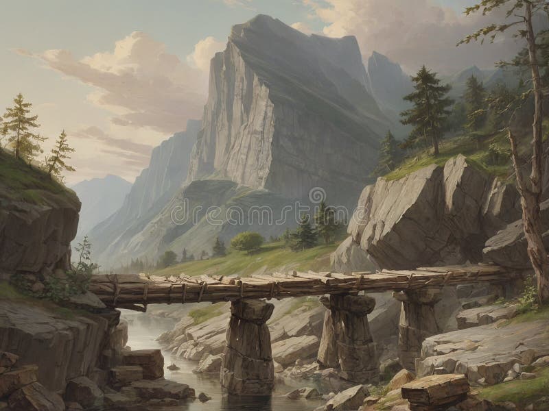 Summer Landscape with Mountains and Log Bridge Above Precipice between ...