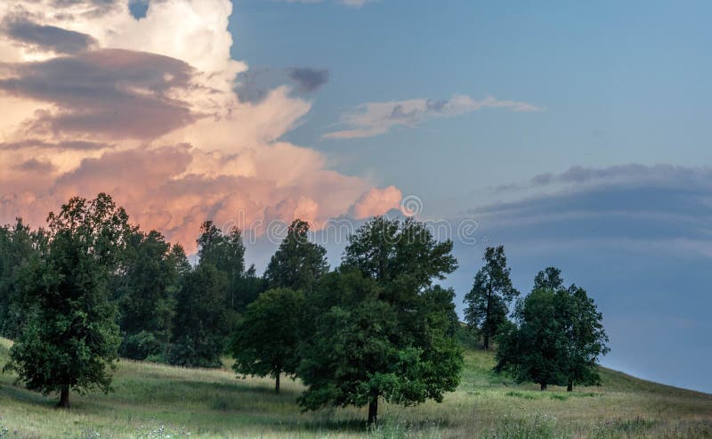 Summer Landscape, Mountainside on the Background of the Setting Sun ...