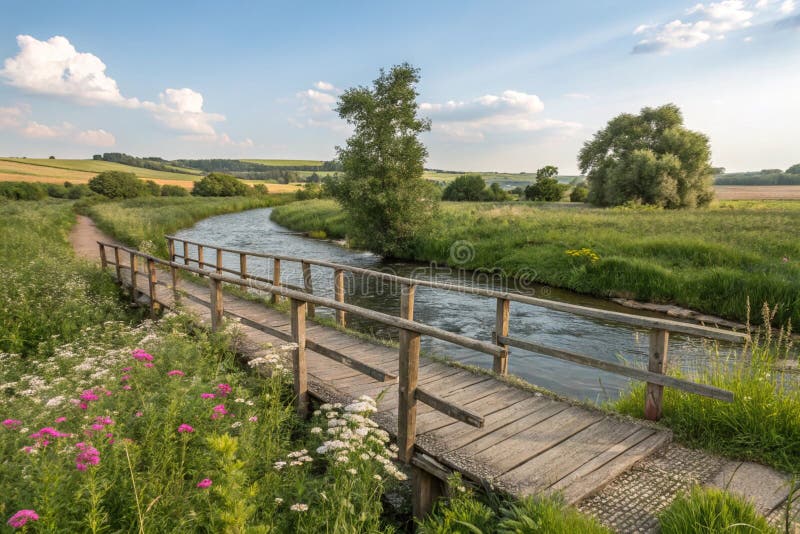 Summer Landscape with an Old Footbridge Over the River Stock ...