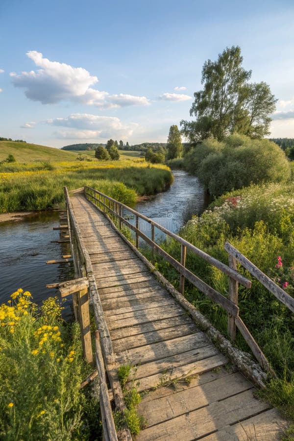 Summer Landscape with an Old Footbridge Over the River Stock ...