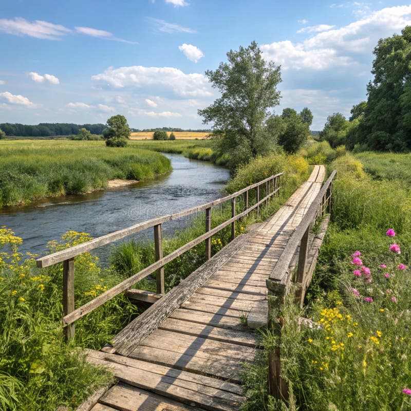 Summer Landscape with an Old Footbridge Over the River Stock ...