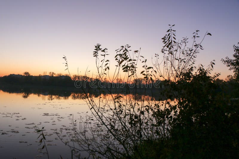 Summer Landscape Pink and Orange Sunset Over the Tranquil River Stock ...