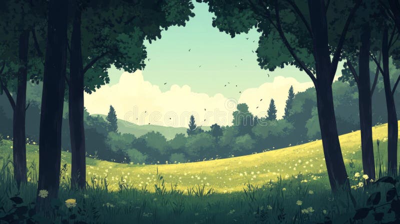 Summer Landscape Pixel Art: Green Forest and Yellow Field Stock ...