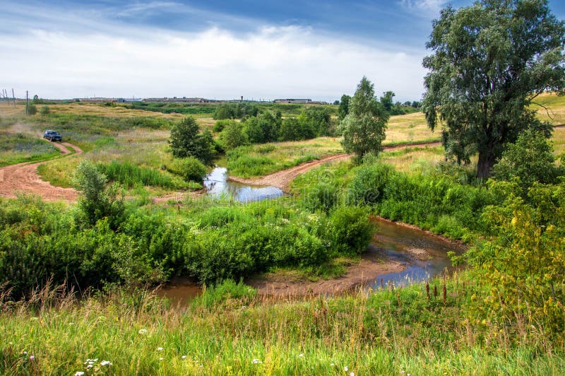 Summer Landscape, Ravine, Grass Sedge, Motley Grass. a Small River ...