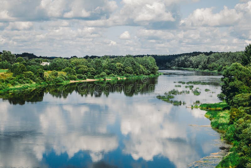 Summer Landscape with River, Cloudy Sky, Forest and Sun Stock Image ...