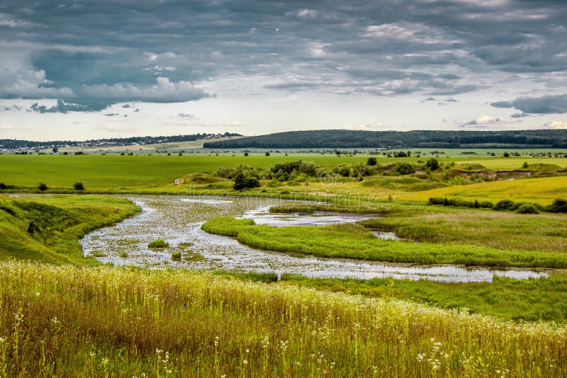 Summer Landscape with a River and Thunderclouds, Open Countryside ...