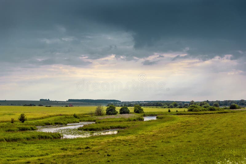 Summer Landscape with a River and Thunderclouds, Open Countryside ...