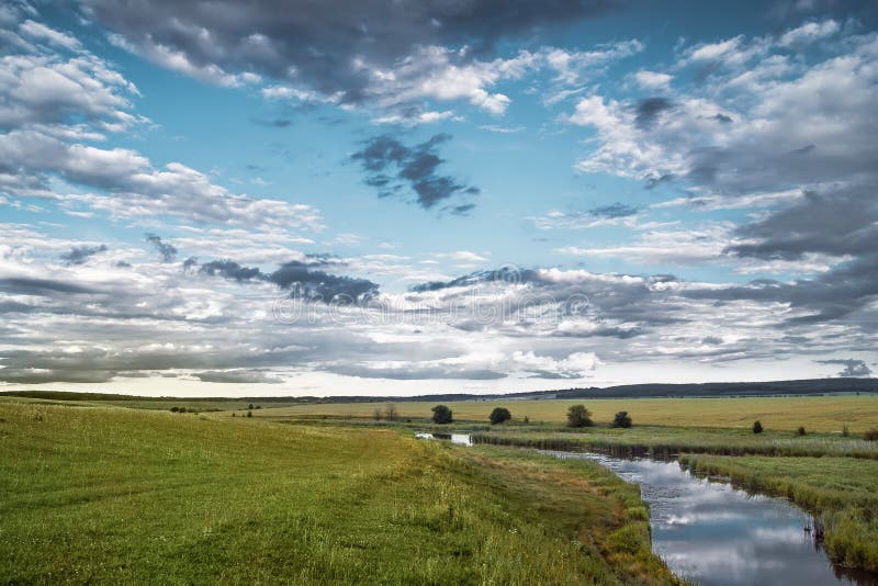 Summer Landscape with a River and Thunderclouds, Open Countryside ...