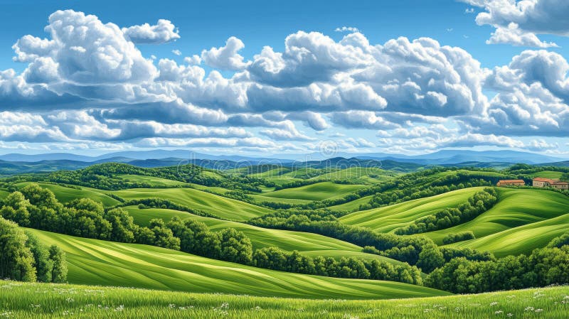Summer Landscape of Rolling Green Hills Under a Blue Sky with Puffy ...