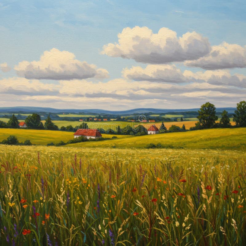 Summer Landscape with Rolling Hills and Farmhouses Stock Illustration ...