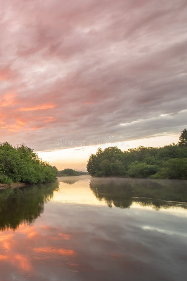 Summer Landscape Scenic Fiery Sunset Over Calm River Stock Photo ...