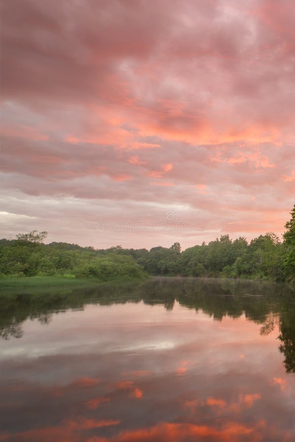 Summer Landscape Scenic Fiery Sunset Over Calm River Stock Photo ...