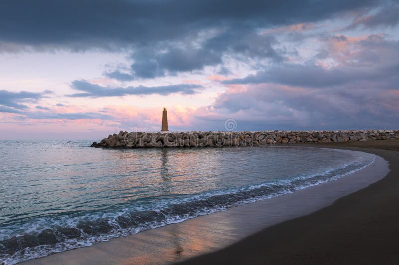 Summer Landscape View of a Lighthouse on a Beachfront at Sunset Stock ...