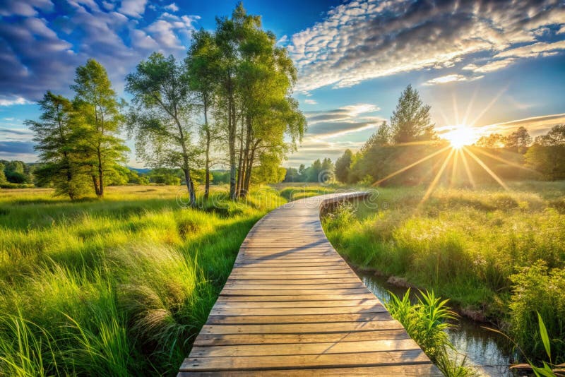 Summer Landscape with Wooden Pathway Stock Illustration - Illustration ...
