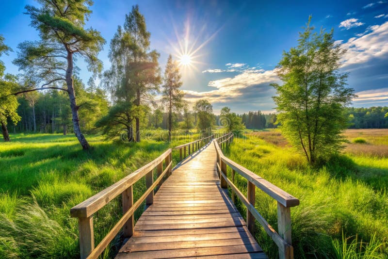 Summer Landscape with Wooden Pathway Stock Illustration - Illustration ...