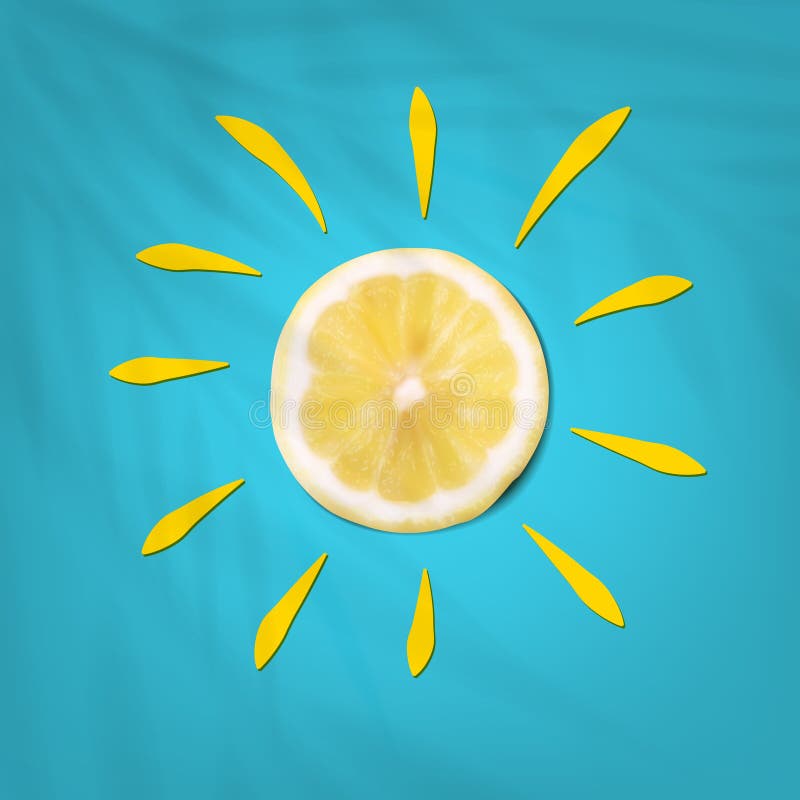 Summer Lemon in Sun Shape on Blue Background Stock Vector ...