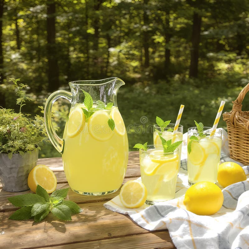 Summer Lemonade on Rustic Picnic Table in Forest Setting Stock Image ...