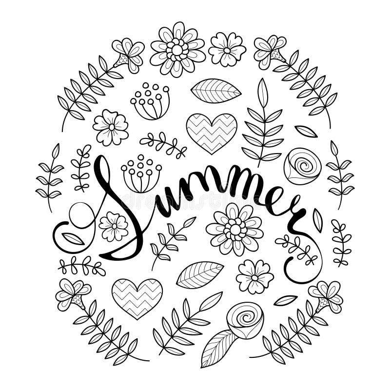 Summer Lettering in Floral Pattern Round Frame. Vector Typography ...