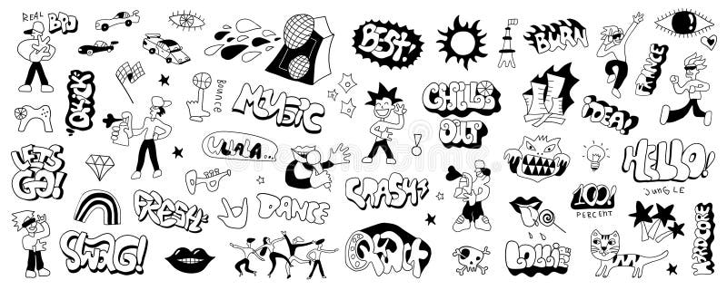 Crazy Doodle Characters Words Graffiti Style Isolated Vector Set Stock ...