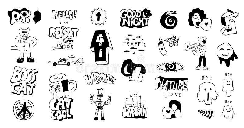 Crazy Doodle Characters Words Graffiti Style Isolated Vector Set Stock ...