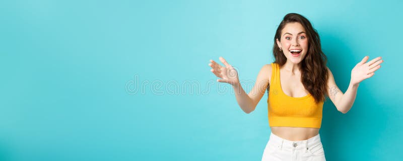 Summer And Lifestyle Concept Beautiful Woman Look Surprised And Happy