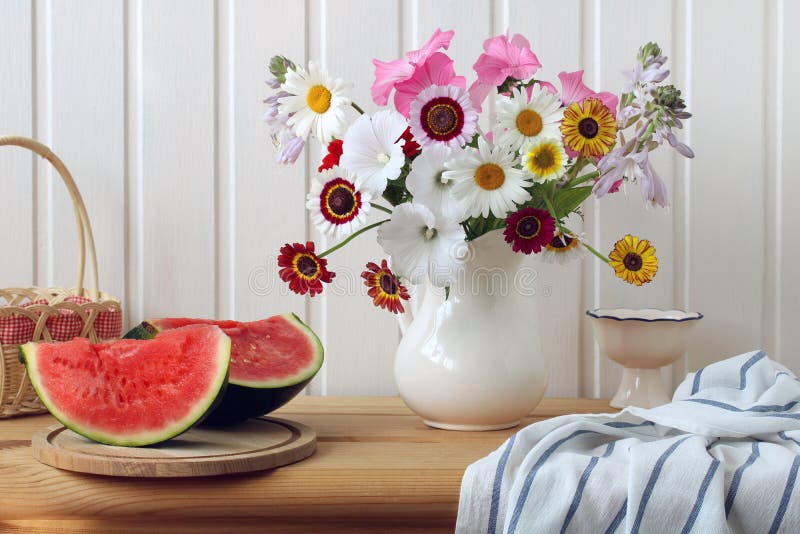 Summer Light Still Life with a Bouquet. Stock Image - Image of wooden ...