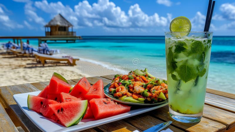 Summer Lunch Ceviche, Watermelon Refreshing Mojito on a Beach with ...