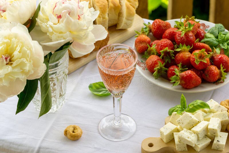 Summer Lunch Outdoors. Picnic Table Stock Image - Image of ripe, wine ...
