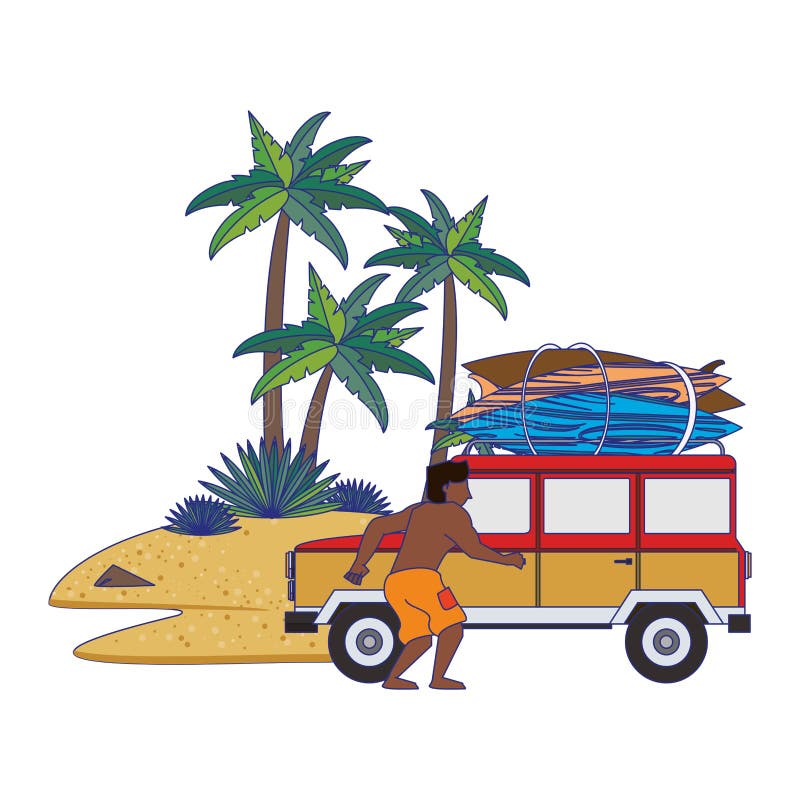 Summer Man With Van And Surf Tables In The Beach Stock Vector