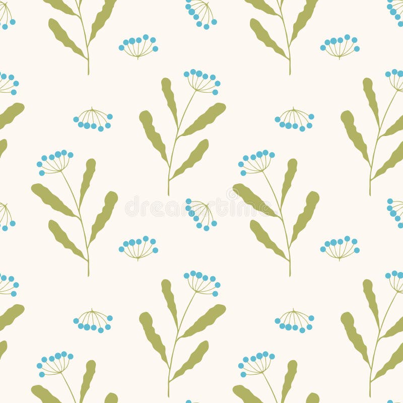 Summer Meadow, Botanical Pattern, Twigs with Blue Berries on Light ...