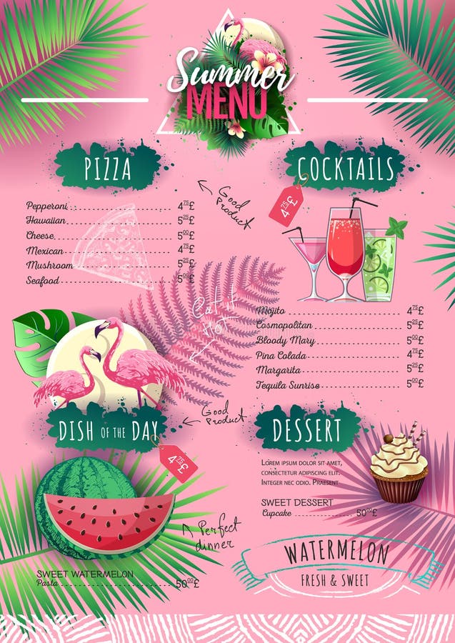 Summer Menu Design with Flamingo and Tropic Leaves. Restaurant Menu ...